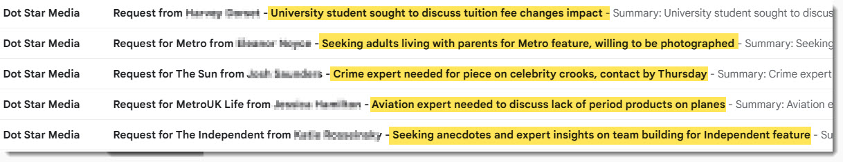 Media Request summary in email alert subject line - Dot Star Media